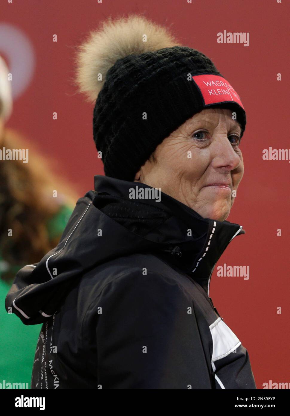 Ski legend Annemarie Moser-Proell watches during the medal ceremony for ...