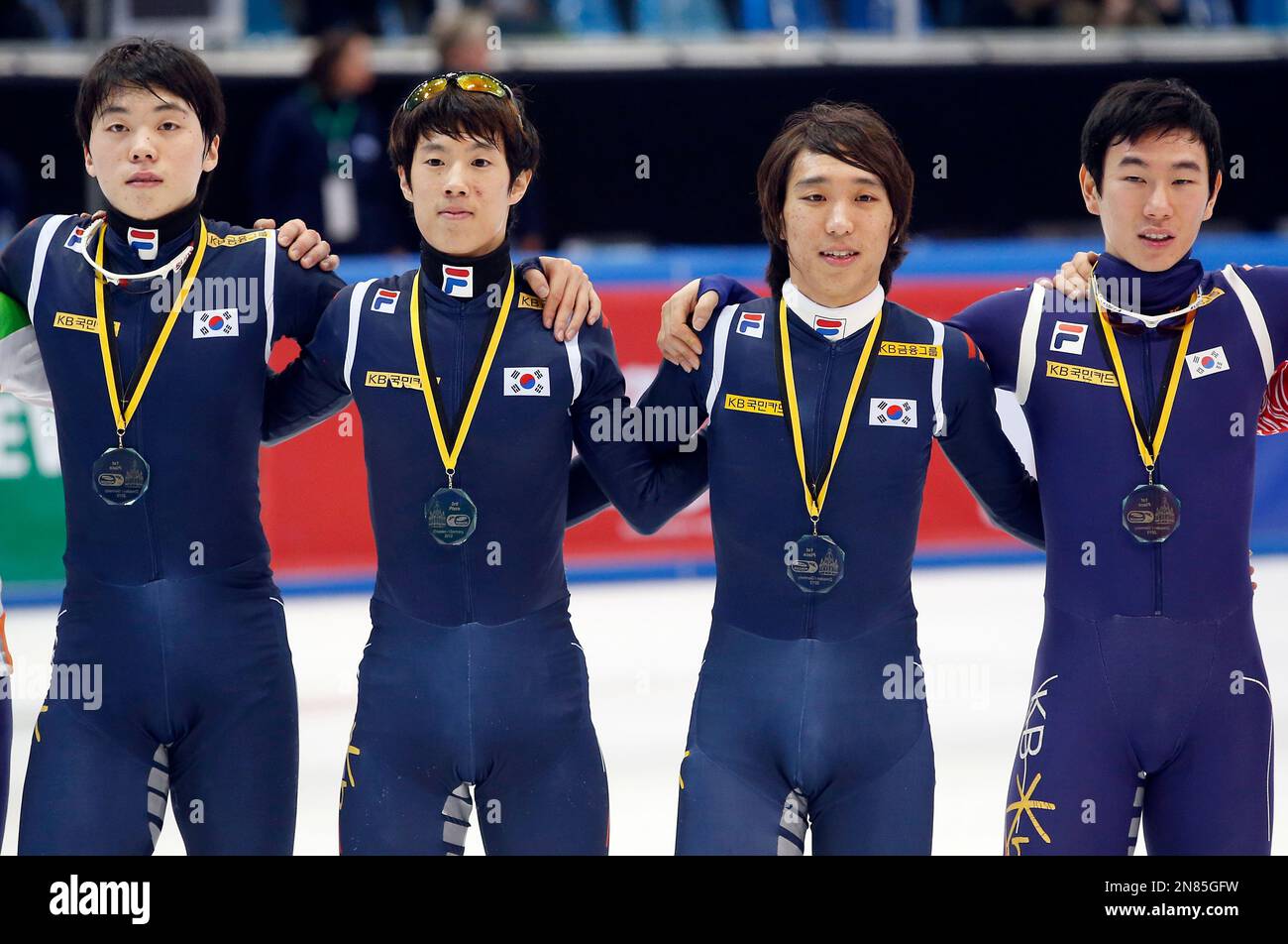 Korea's gold medalists Noh Jin-kyu, Sin Da-woon, Kom Yunjae and Kim ...
