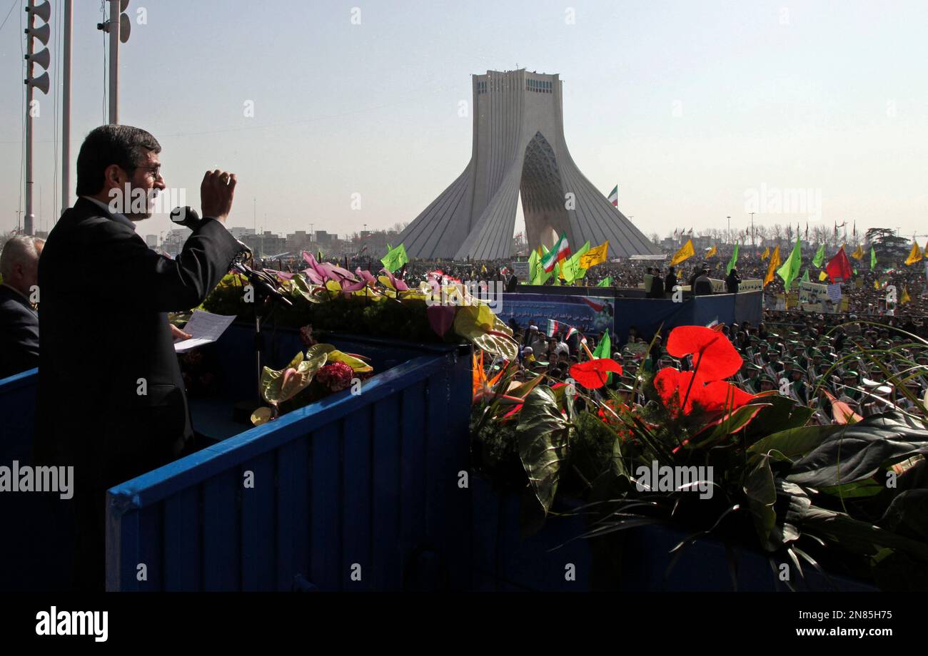 Iranian President Mahmoud Ahmadinejad speaks in Azadi Square during an ...