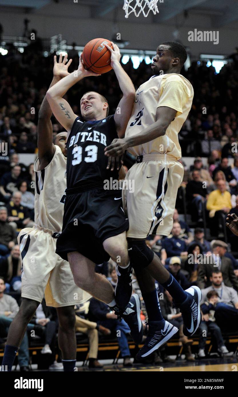 Butler guard Chase Stigall (33) goes to the basket against George ...
