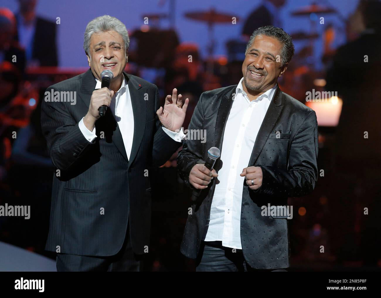 French Singers Enrico Macias, left, and Khaled perform on stage during ...