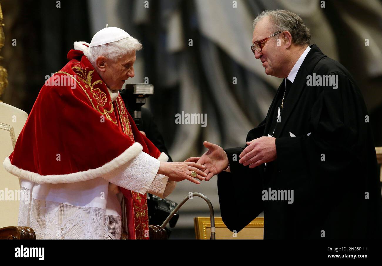 Pope Benedict XVI, left, is greeted by Grand Master of the Knights of ...