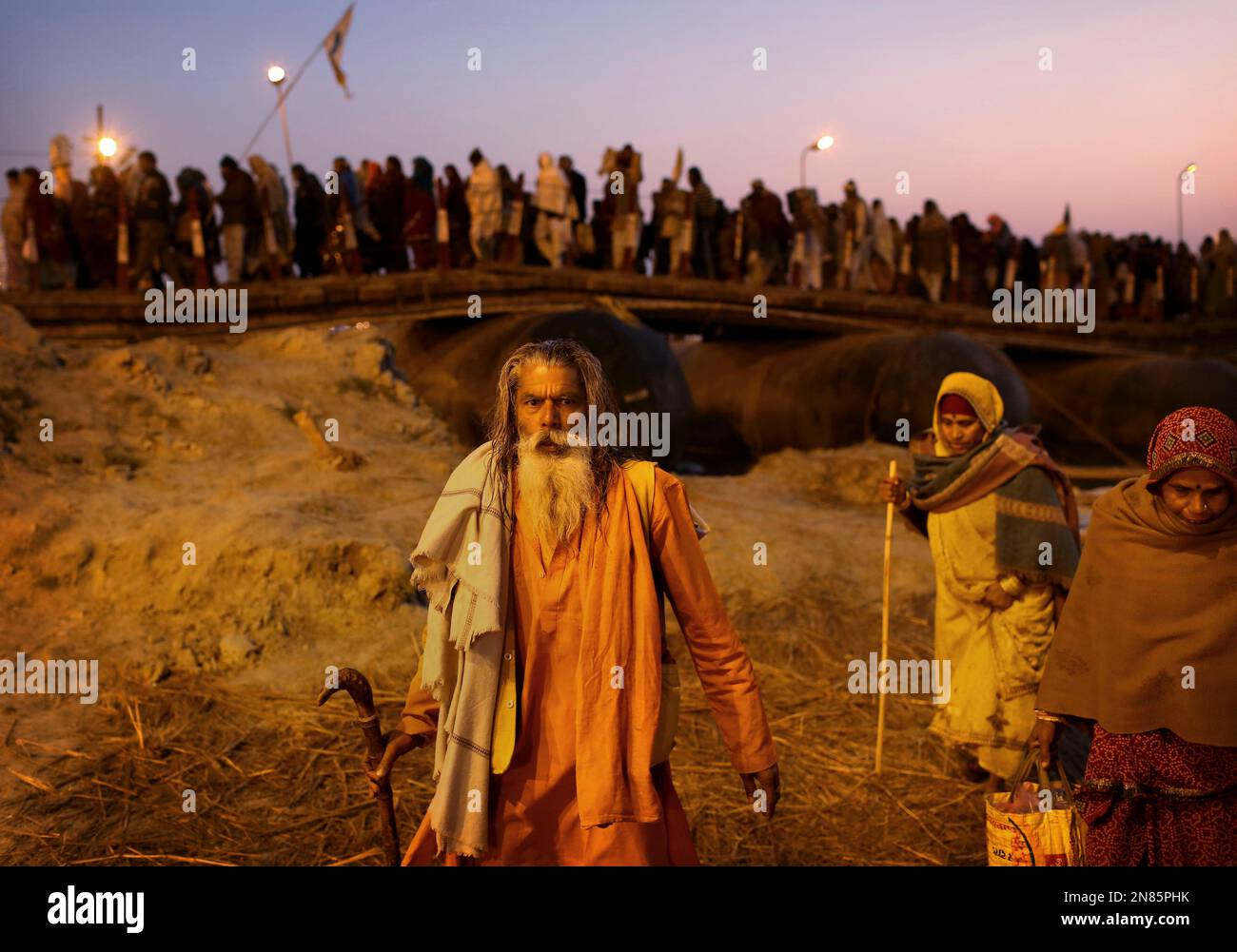 Indian Hindu holy man arrives with devotees at Sangam, the confluence ...