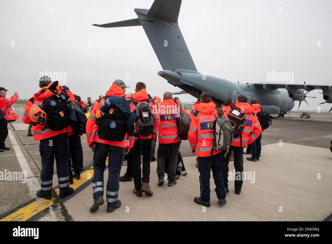 Illustration picture shows B-Fast aid workers arriving on the tarmac at ...