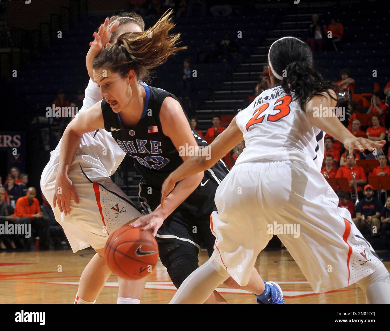 Duke's Haley Peters (33) drives between Virginia guards Kelsey Wolfe ...