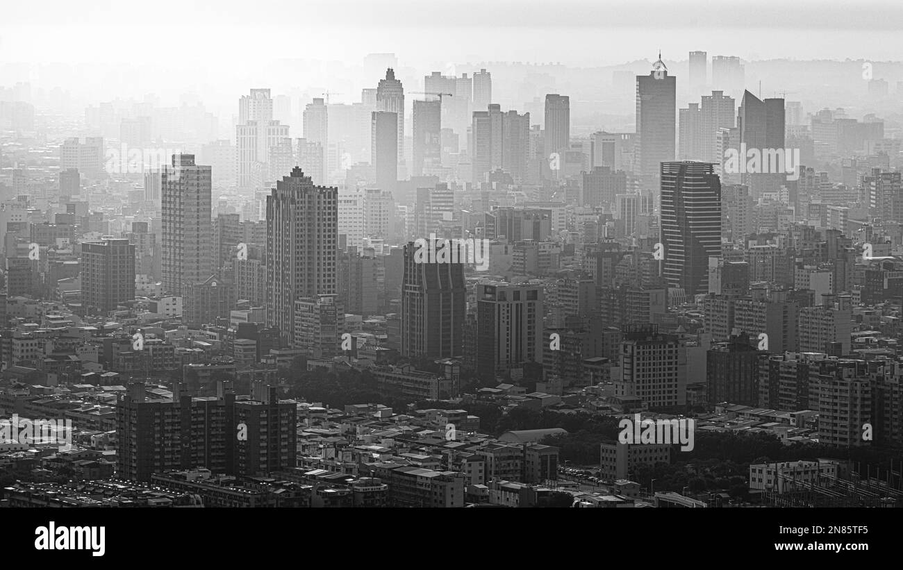 Black-and-white monochrome photograph of an urban landscape ...