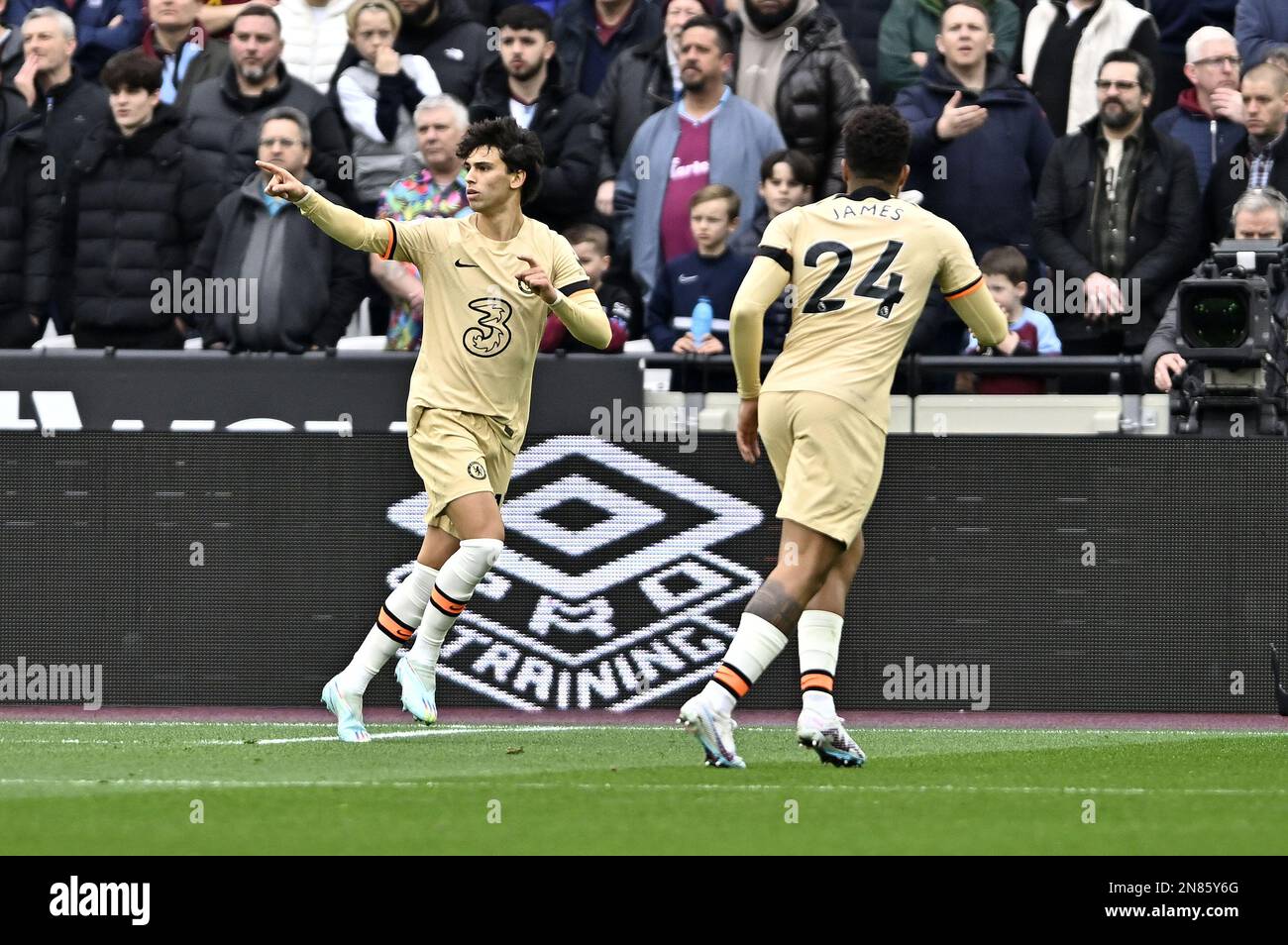 London, UK. 11th Feb, 2023. GOAL. Joao Felix (Chelsea, left) celebrates ...