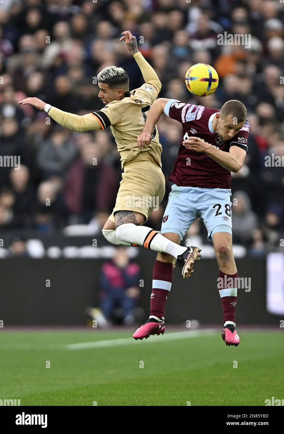 London, UK. 11th Feb, 2023. Enzo Fernandez (Chelsea) and Tomas Soucek ...