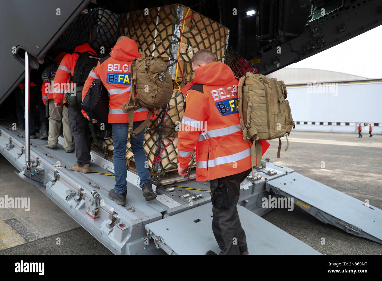 Illustration picture shows B-Fast aid workers boarding the airplane at ...