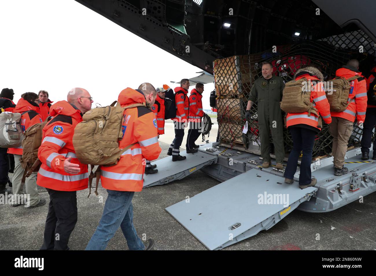 Illustration picture shows B-Fast aid workers boarding the airplane at ...