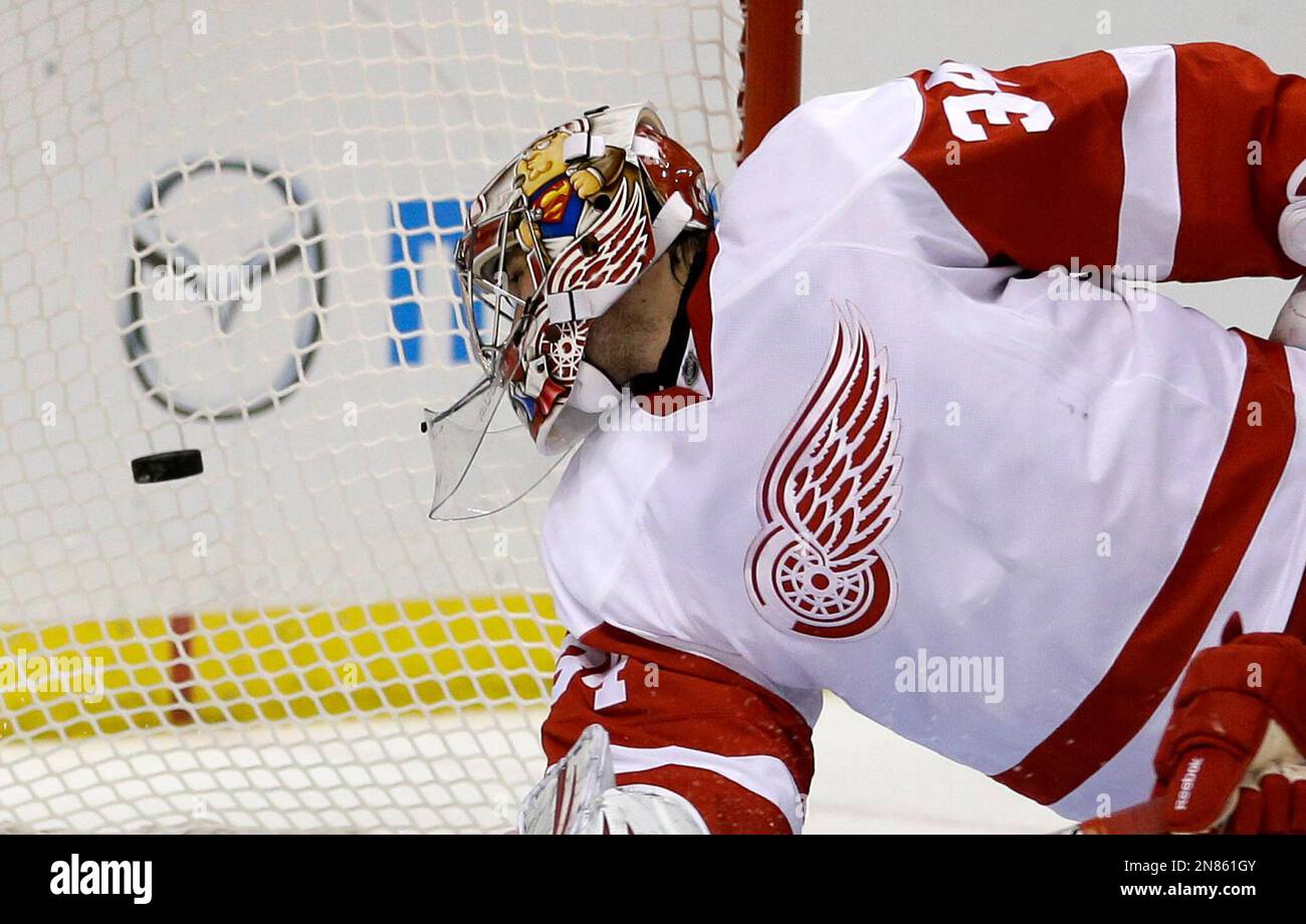 Detroit Red Wings goalie Petr Mrazek, of the Czech Republic, watches as ...