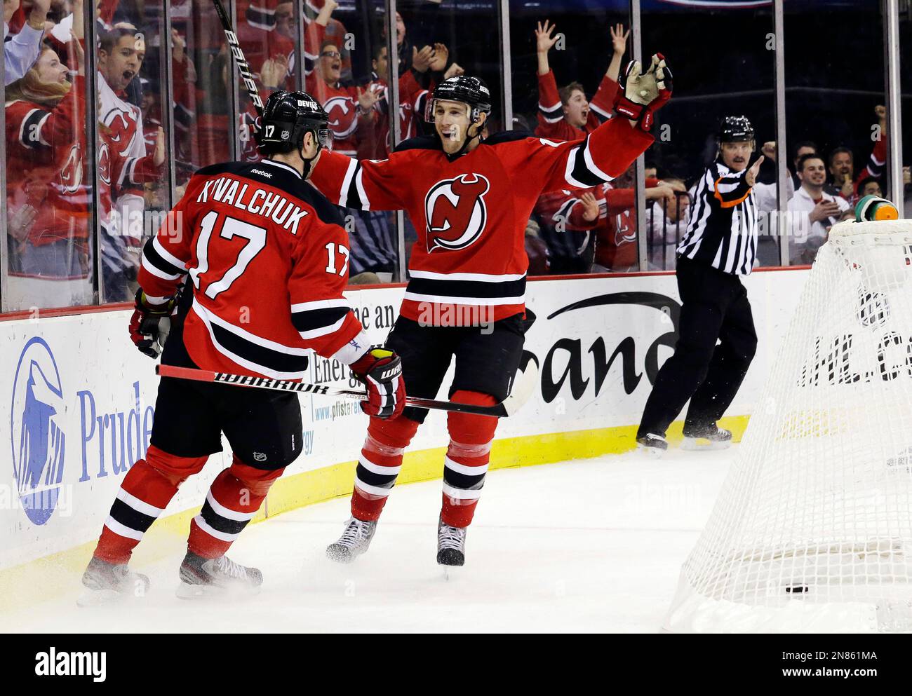 New Jersey Devils defenseman Mark Fayne celebrates a goal by Ilya ...