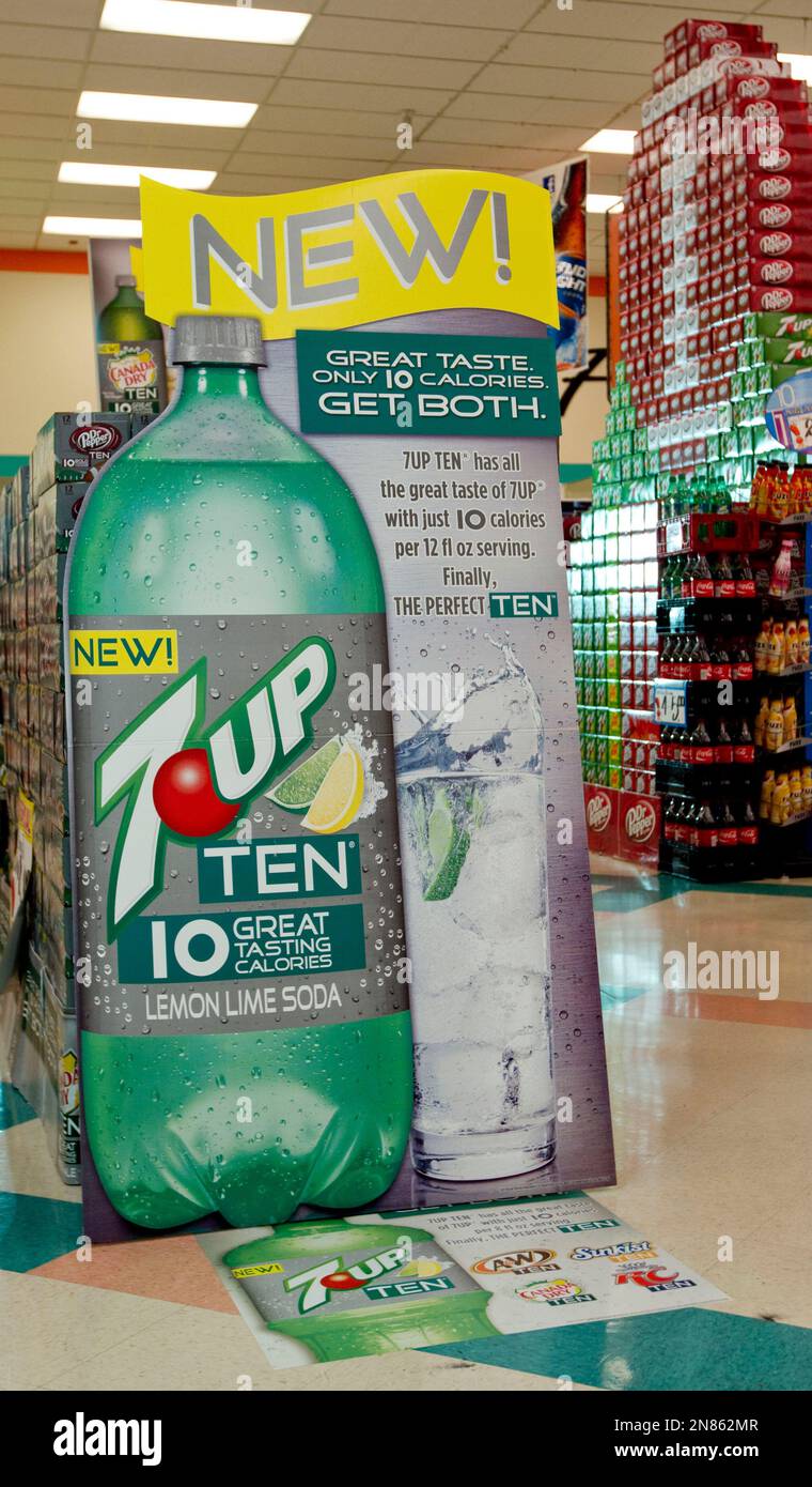 A 7-UP TEN display alerting customers to the new low calorie soda at ...