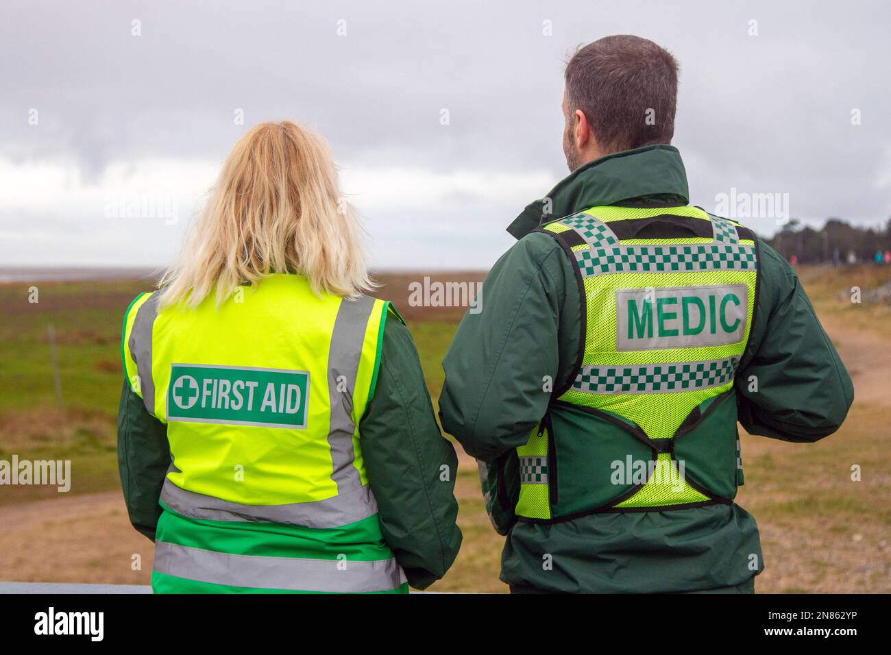 Event First aid, and Medic team wearing green hi-vis jackets. First ...