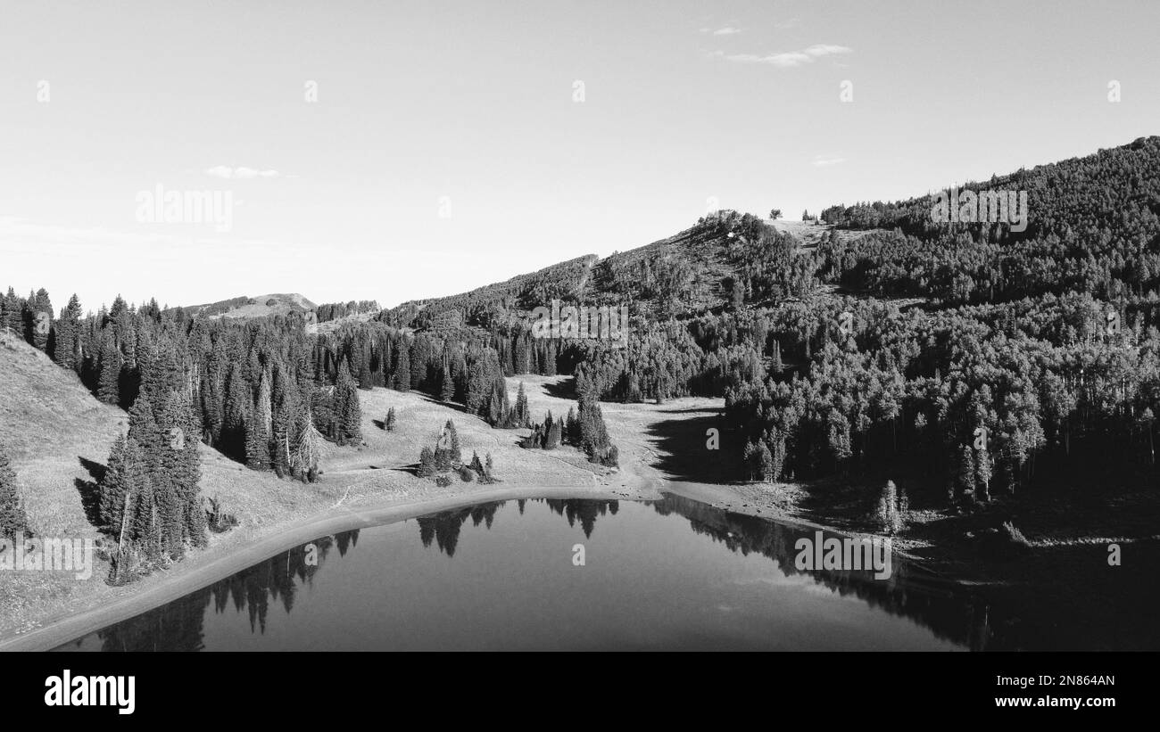 A grayscale shot of Lake Desolation with lush trees on the shore. Big ...