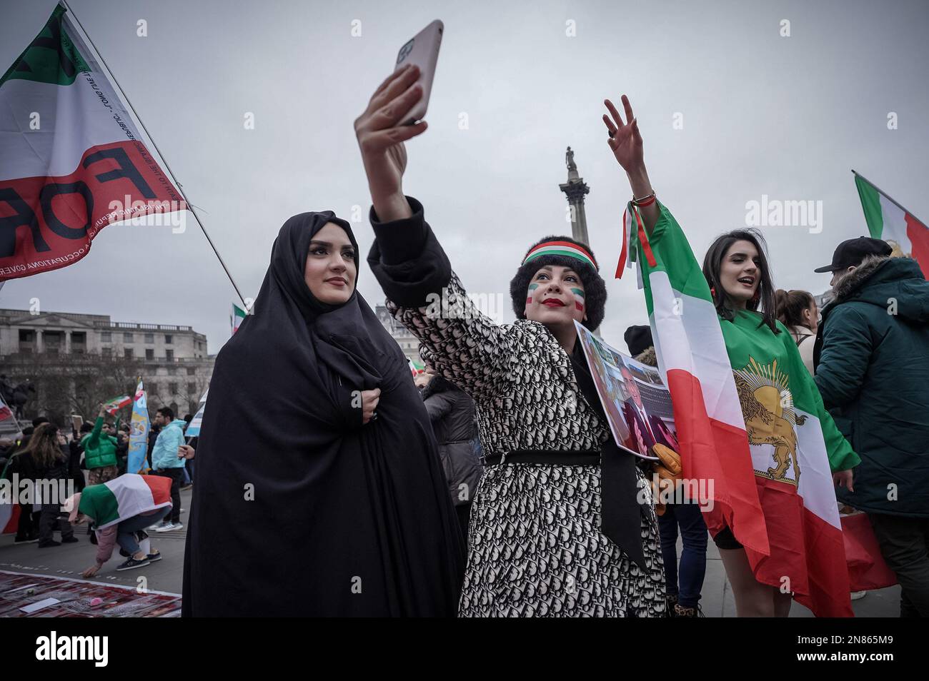 London, UK. 11th February, 2023. British-Iranians gather in Trafalgar ...