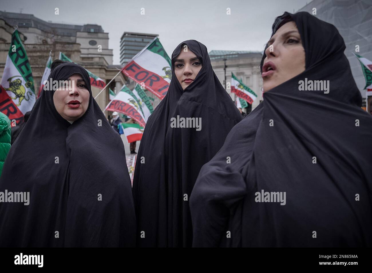 London, UK. 11th February, 2023. British-Iranians gather in Trafalgar ...