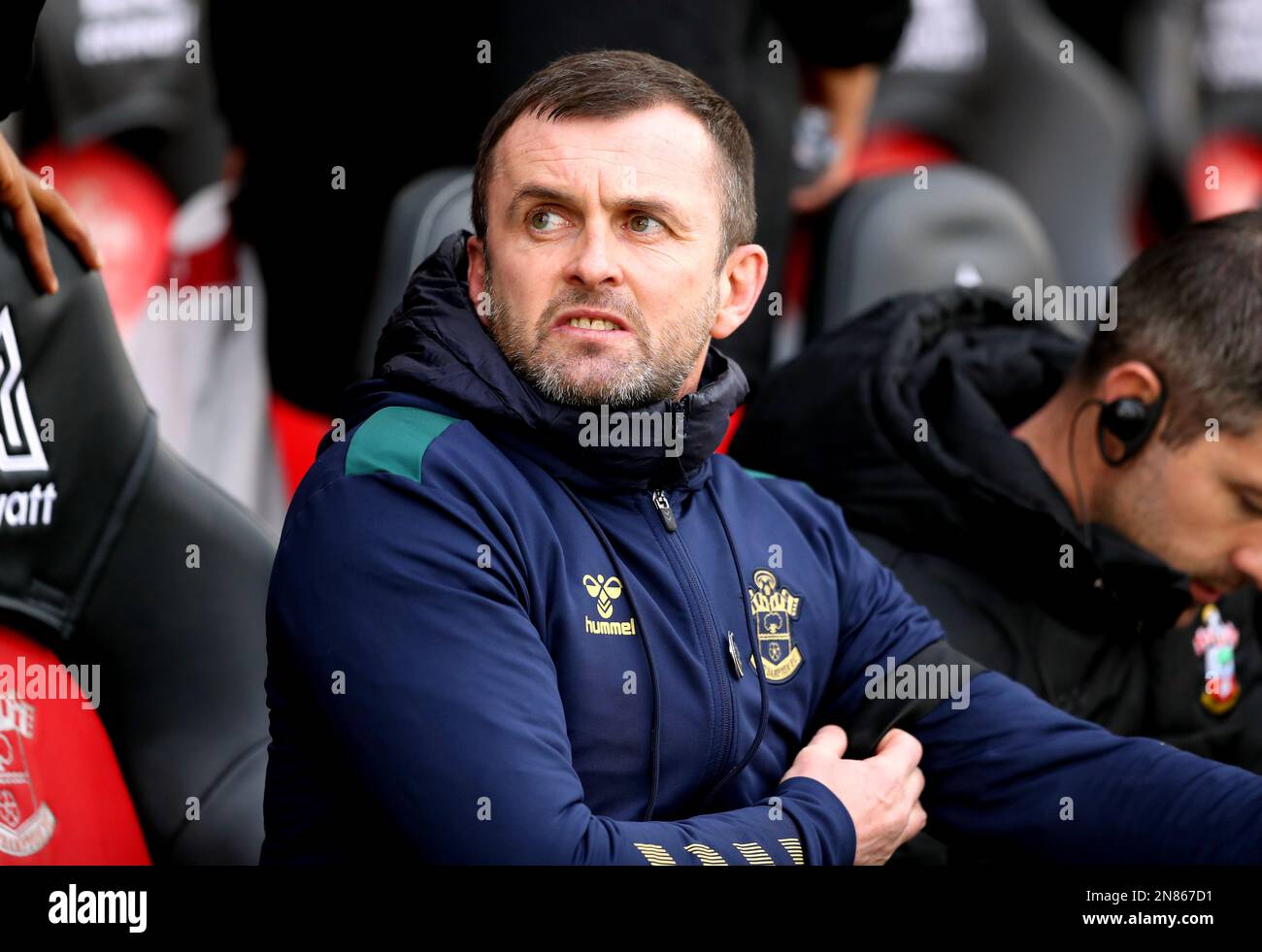 Southampton manager Nathan Jones wears a black armband on his arm in ...