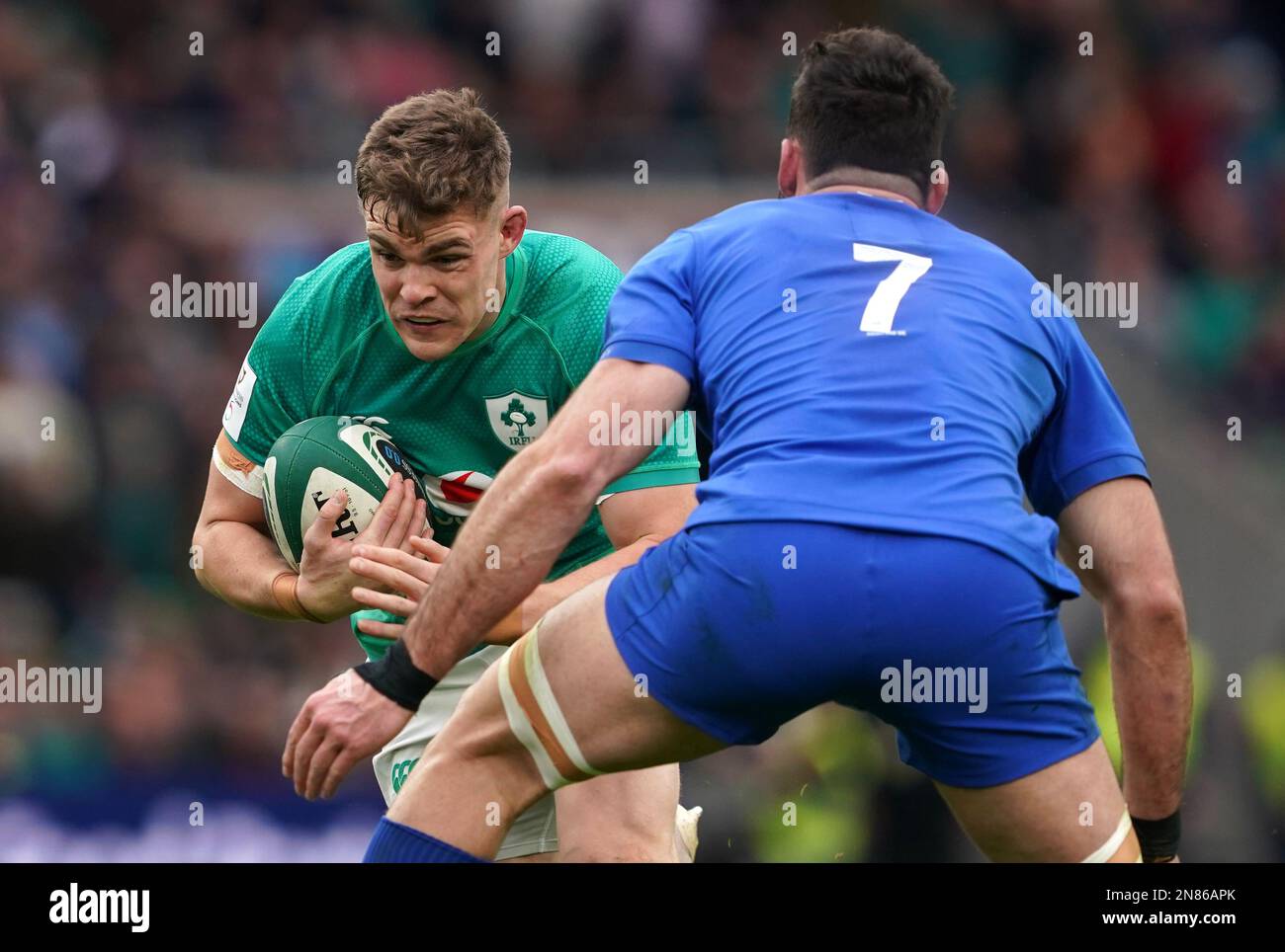 Ireland's Garry Ringrose (left) and France's Charles Ollivon in action ...
