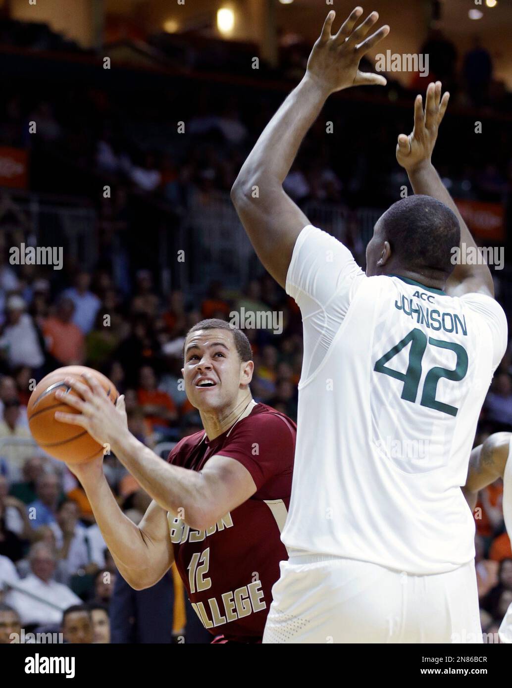 Boston College forward Ryan Anderson (12) goes up for a shot against ...