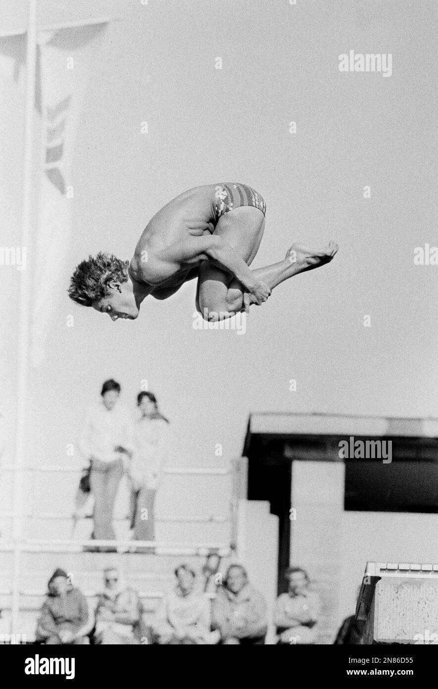 U.S. diver Greg Louganis seems suspended in the air during the men's ...