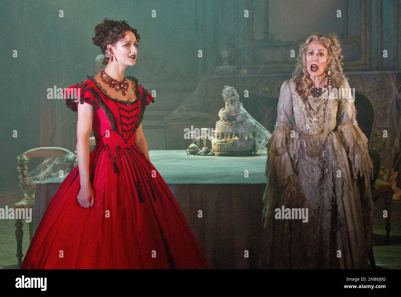 Paula Wilcox as Miss Havisham, right and Grace Rowe as Estella, perform ...