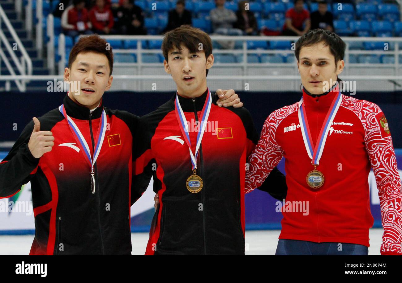 From left, China's second-placed Yu Jiyang, winner Wu Daijing and Russia's third-placed Vladimir ...