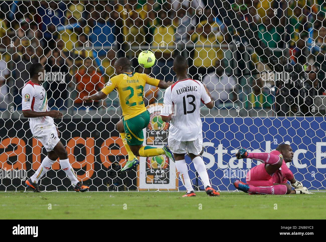 South Africa's Tokelo Rantie, second left, scores past Mali's ...