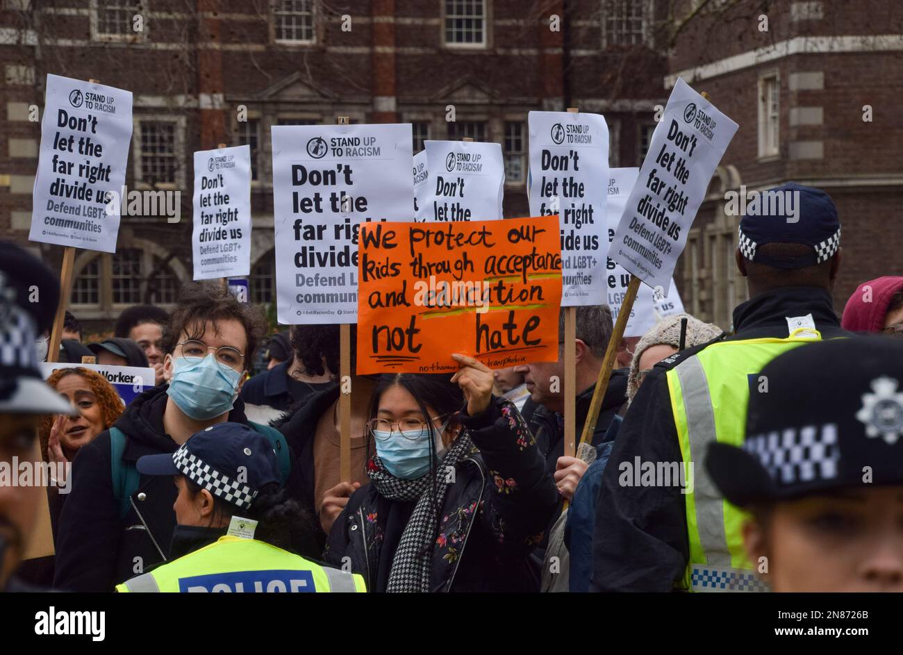 London, England, UK. 11th Feb, 2023. Pro-LGBTQ rights protesters ...