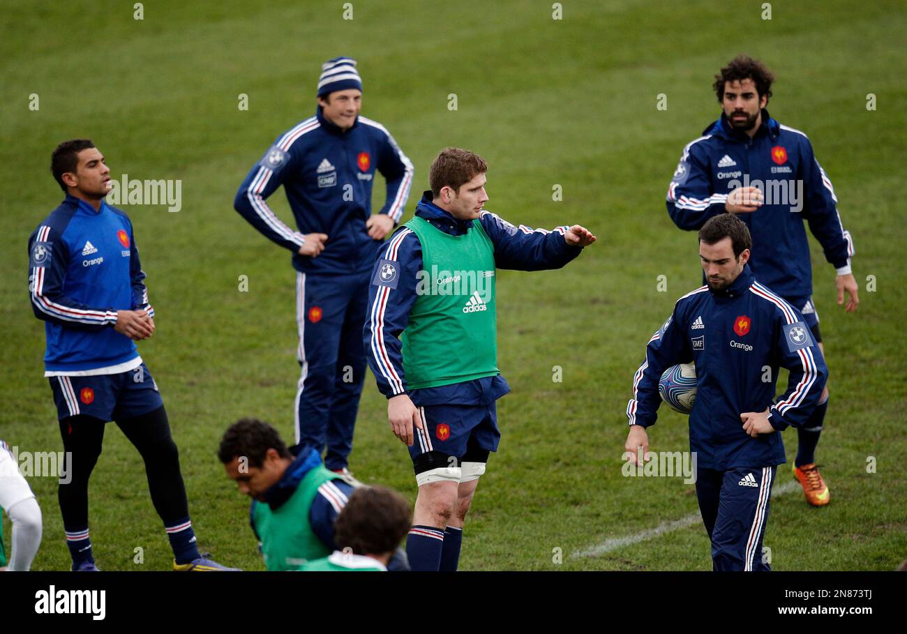 French rugby team players with captain Pascal Pape, center, arrive for ...
