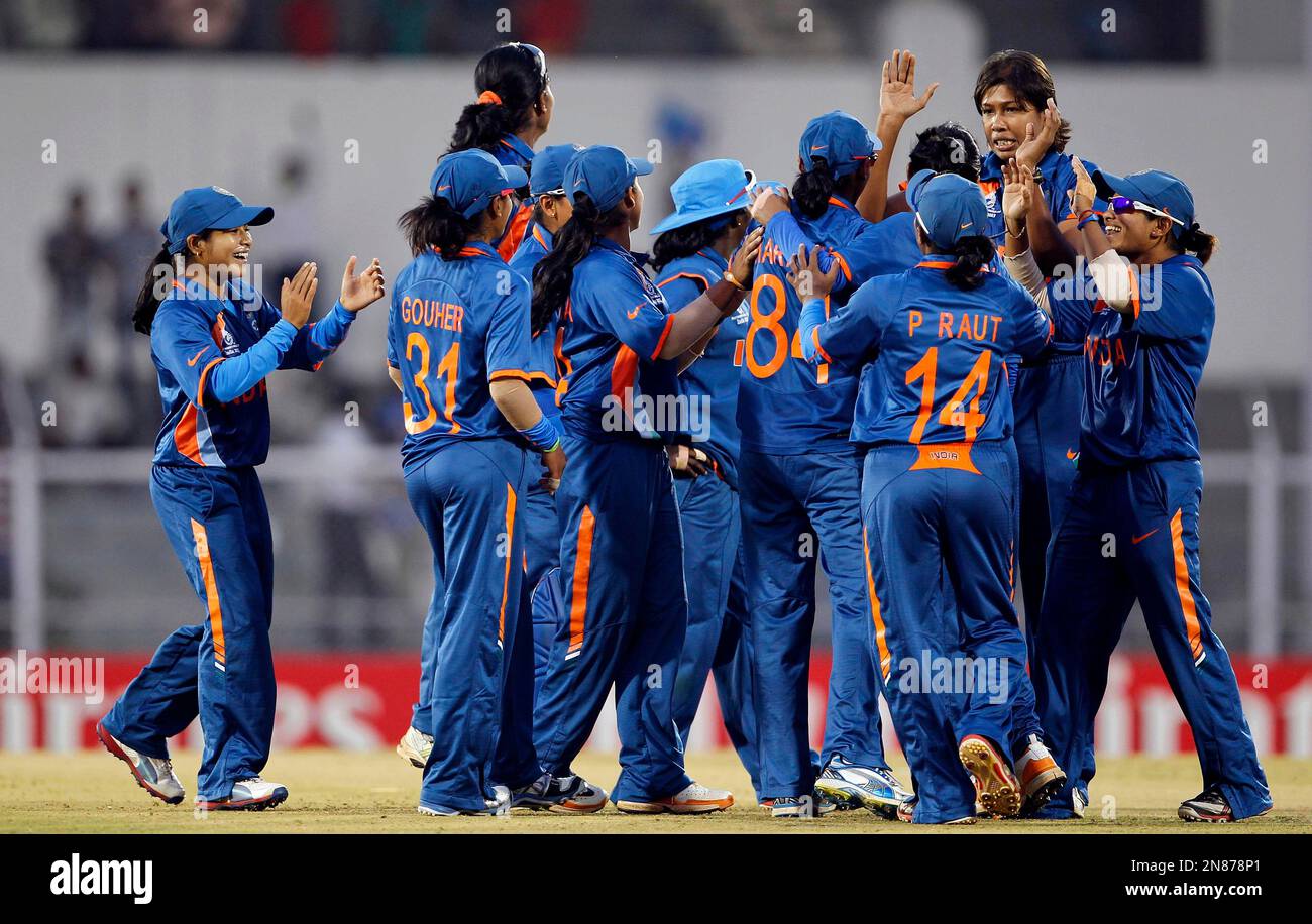 Indian cricketers celebrate the dismissal of West Indies' Kycia Knight ...