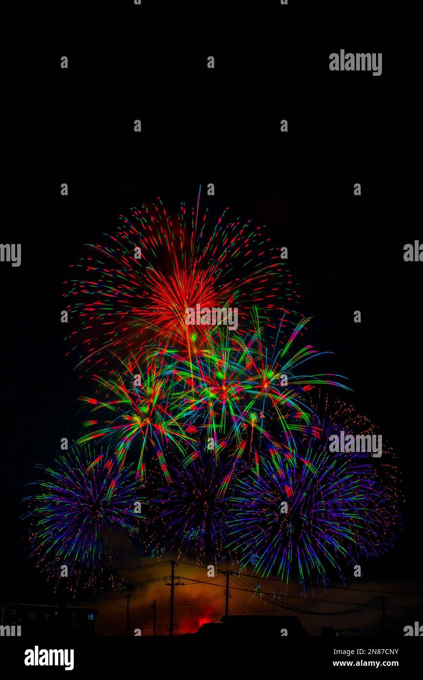 A vertical shot of beautiful colorful fireworks in Daisen City. Akita ...
