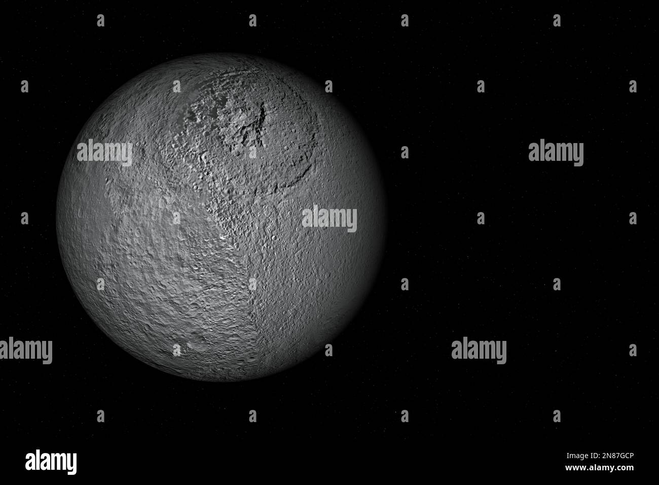Digitally generated photograph of Tethys, one of the moon of Saturn ...