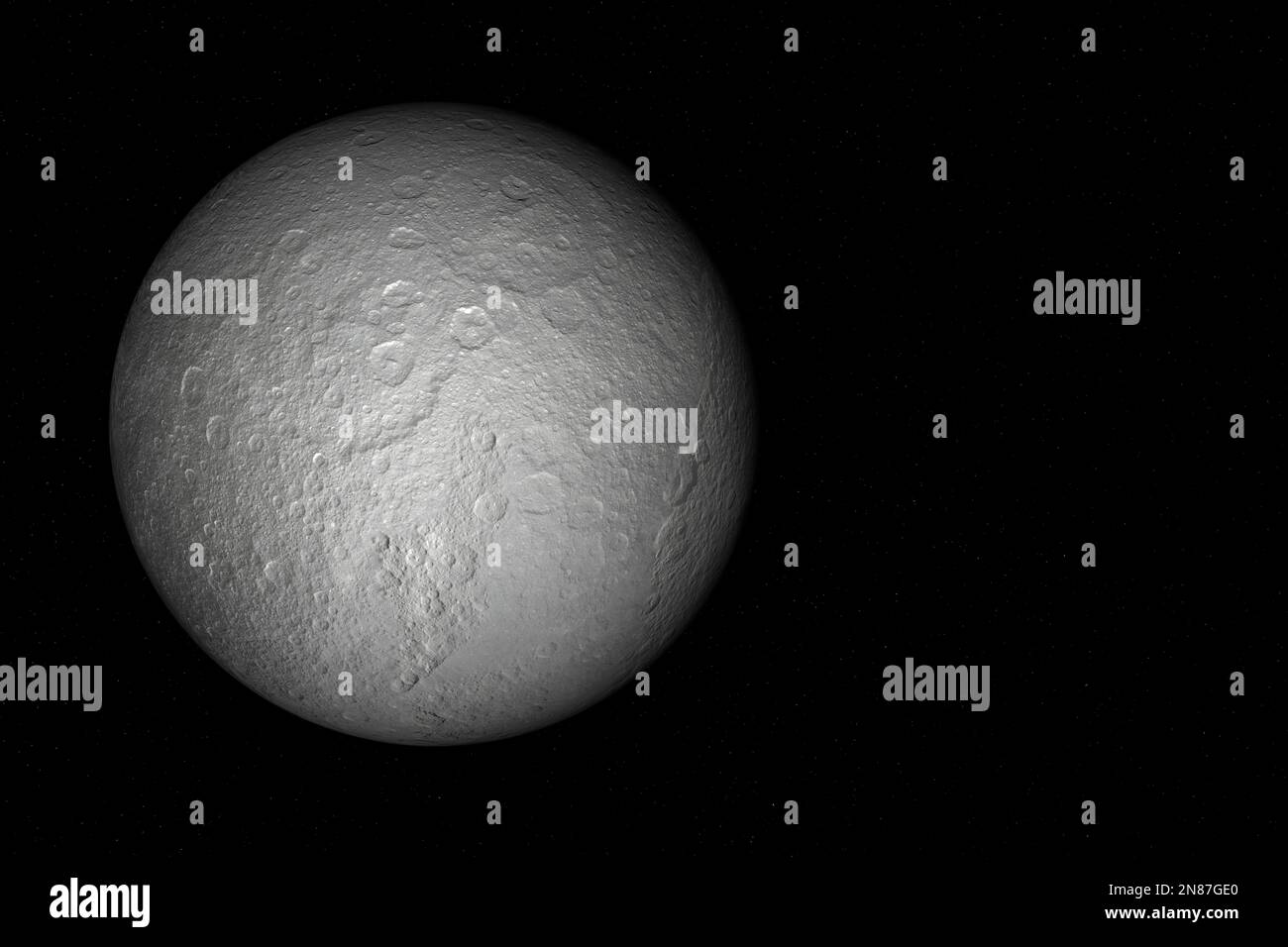 Digitally generated photograph of Rhea, one of the moon of Saturn Stock ...
