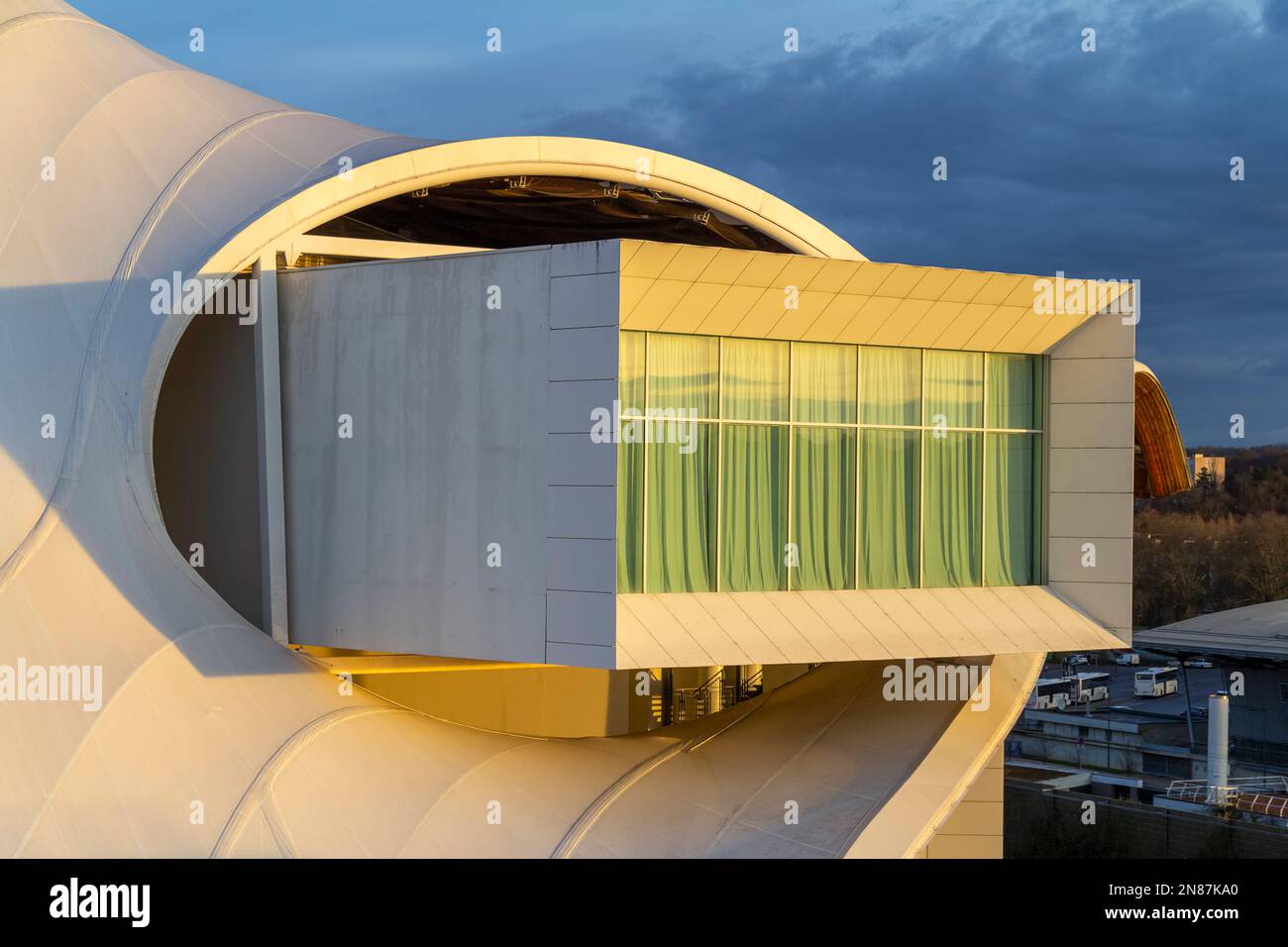 Sunny illuminated architectural detail seen at the Centre Pompidou-Metz ...