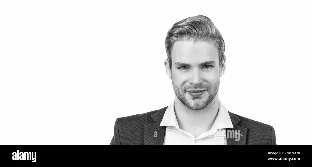 Portrait of happy guy with unshaven face in formal wear isolated on ...