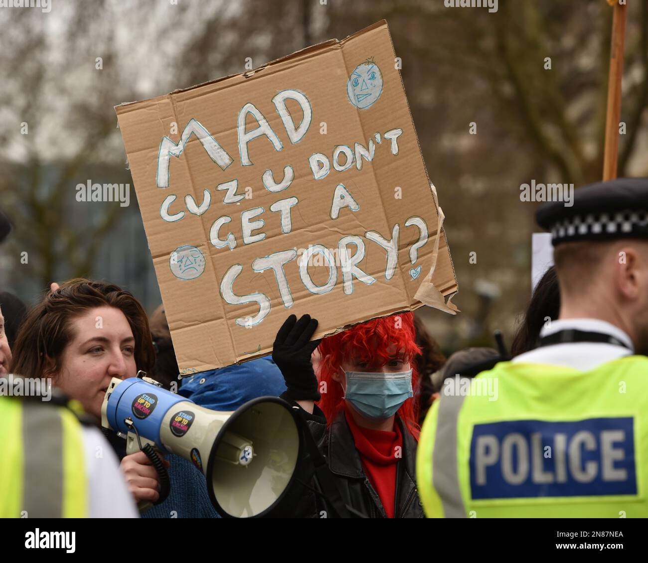 London, England, UK. 11th Feb, 2023. Protester holds a placard ...