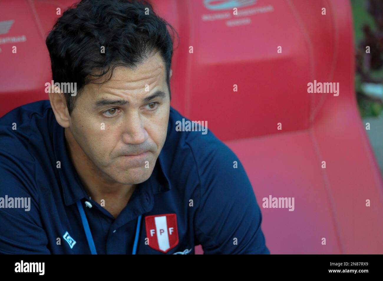Peru's coach Daniel Ahmed gestures during an U-20 South American soccer ...