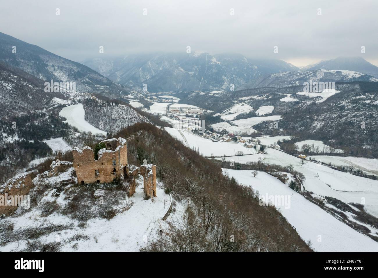 Aerial view of castle ruins in Marche region in Italy during winter ...