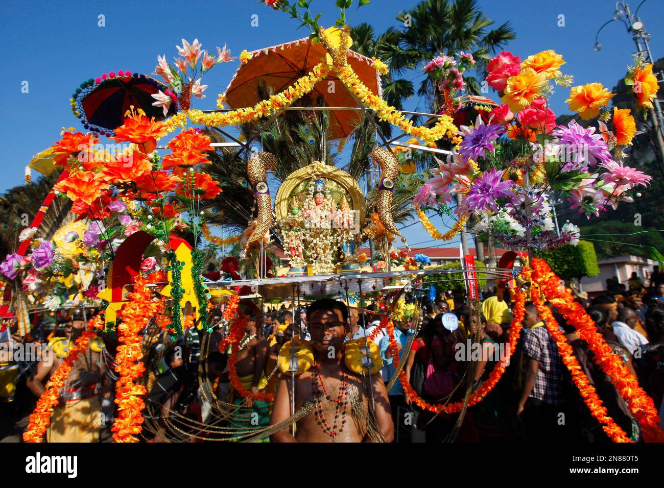 A Hindu devotee carries a Kavadi offering cage while taking part in a ...