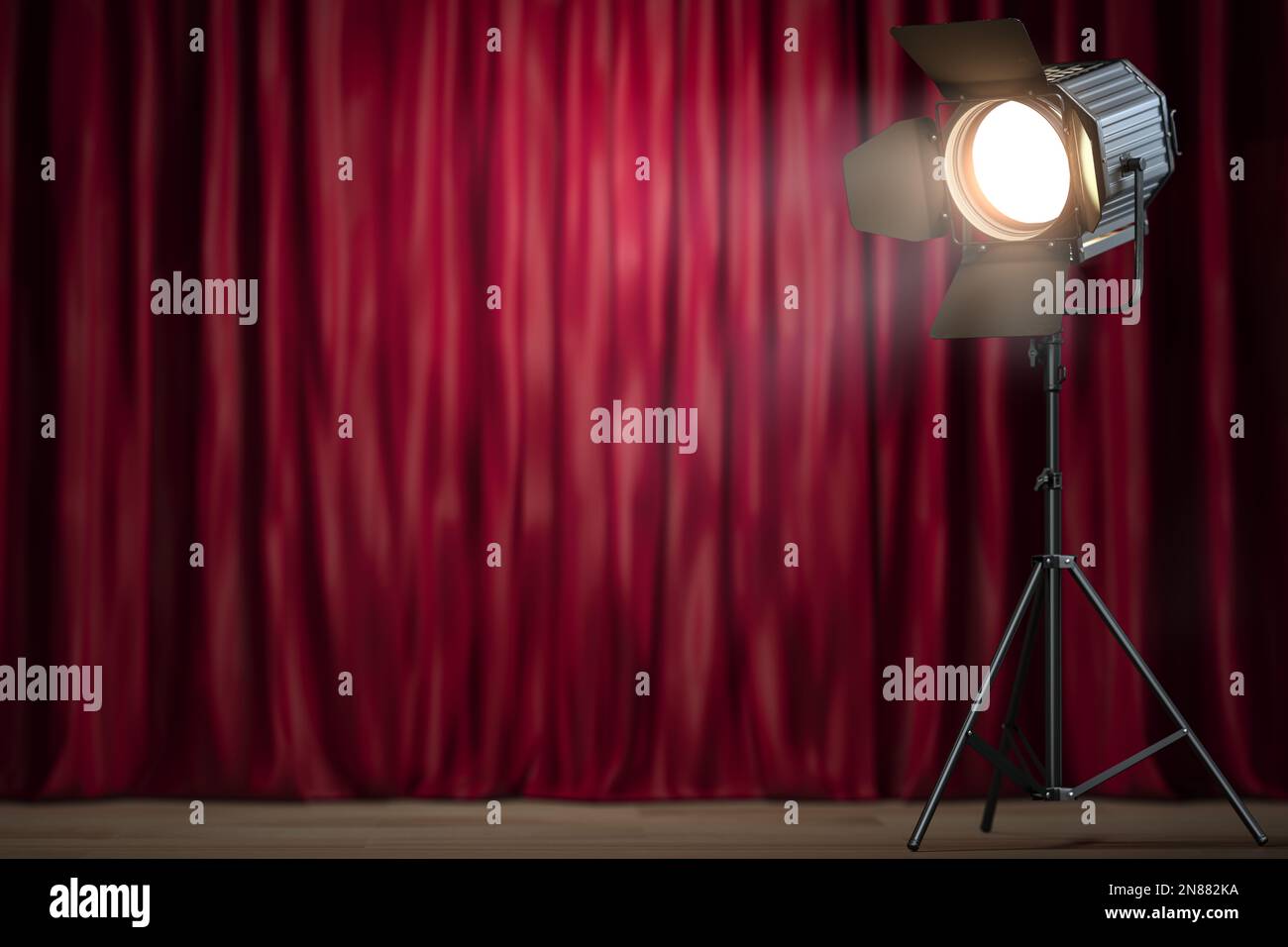 Stage or studio spotlight on red curtain background. Lighting equipment ...