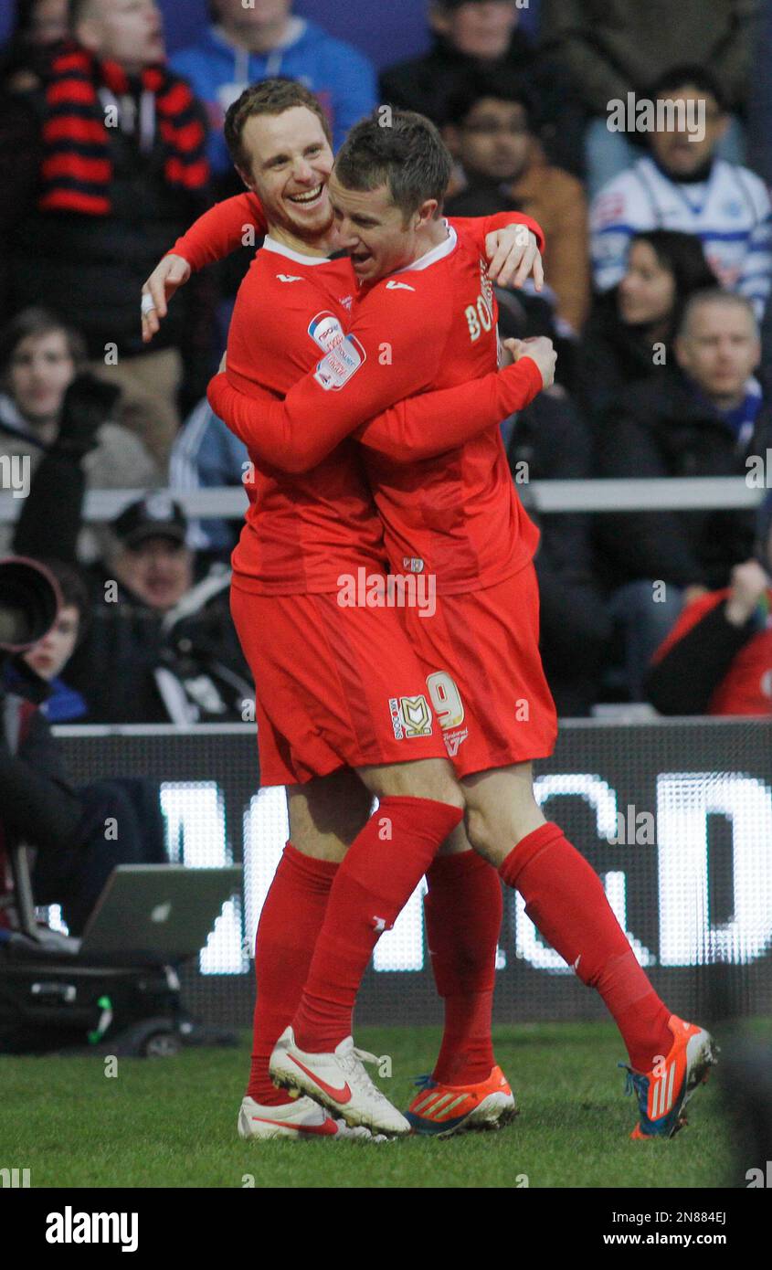 Milton Keynes Dons' Ryan Harley, left, celebrates his goal against ...