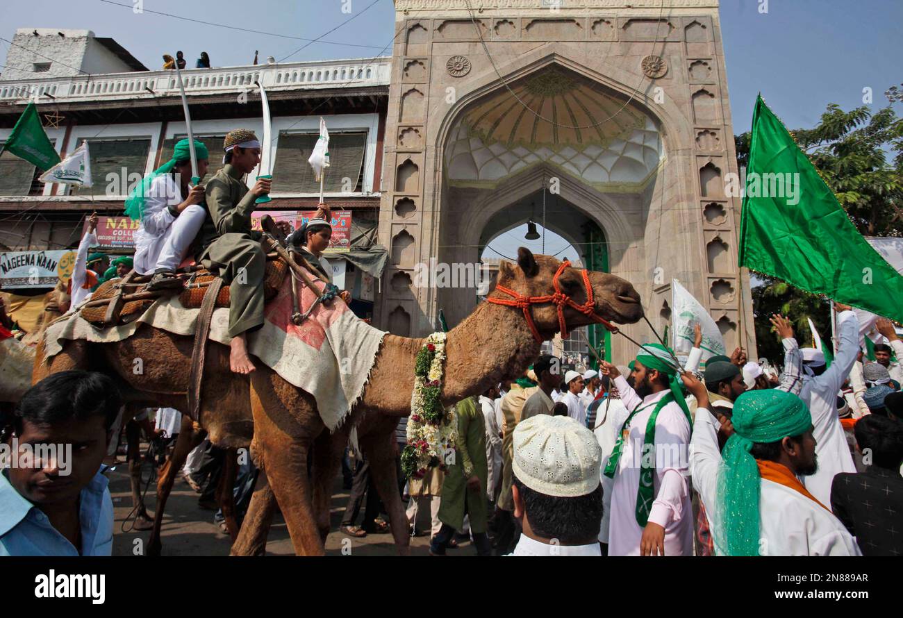 Indian Muslims ride a camel and participate in a procession to mark the ...