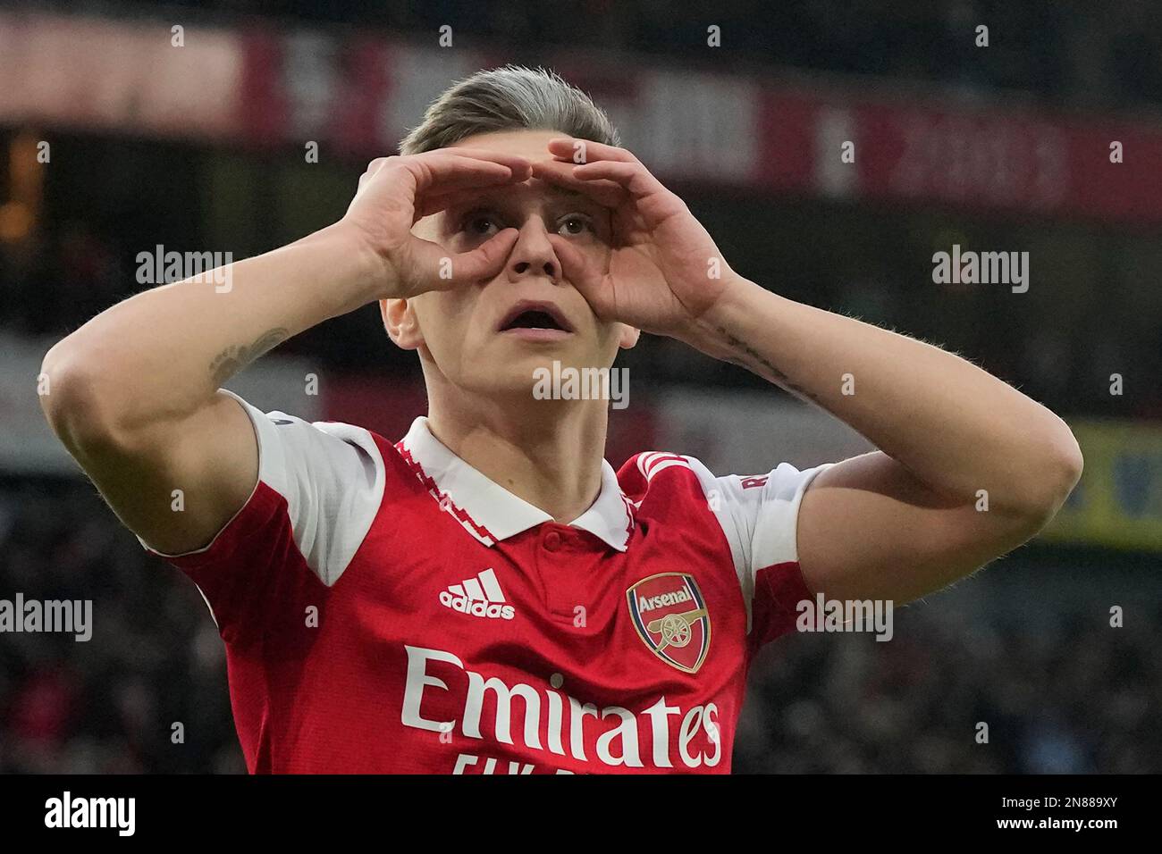 Arsenal's Leandro Trossard celebrates after scoring the opening goal ...