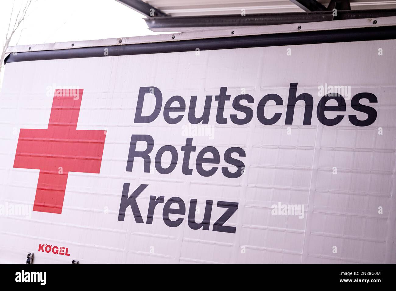 11 February 2023, Brandenburg, Schönefeld: The logo of the German Red ...