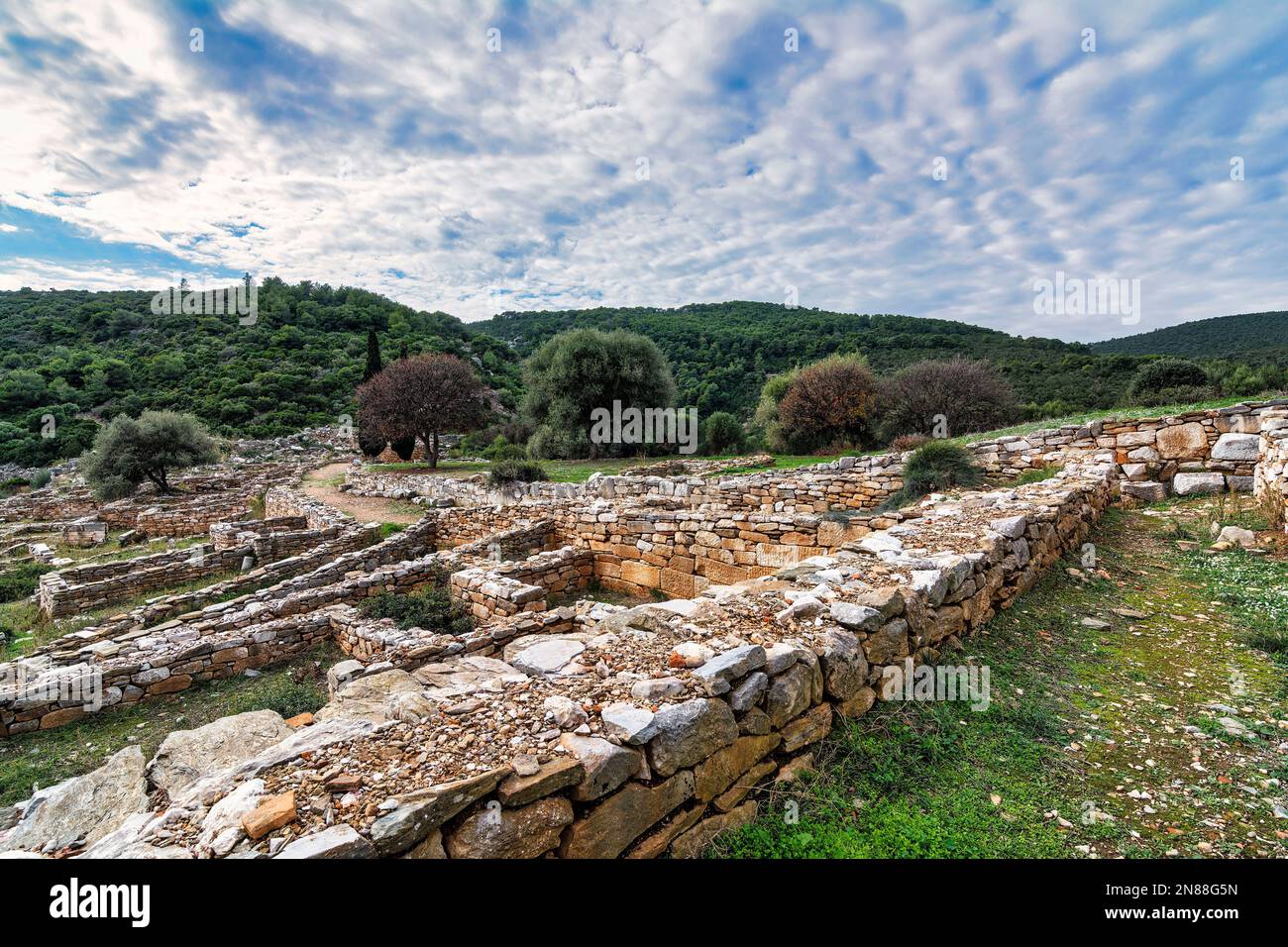 Landscape with a scenic view of Ramnous the ancient fortified site in ...