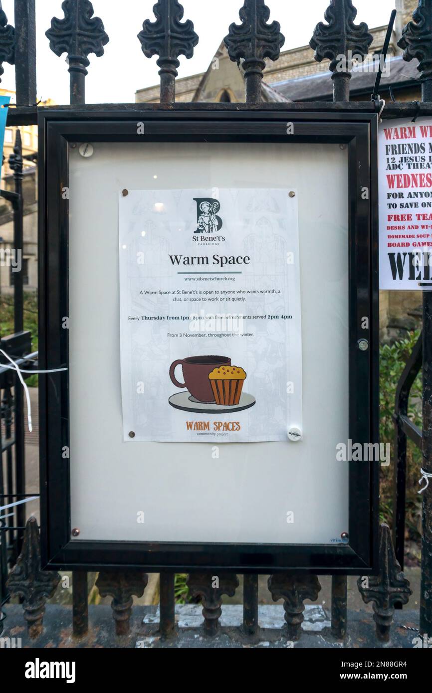 A sign advertising a warm bank. Warm Space at St Benets Church in ...