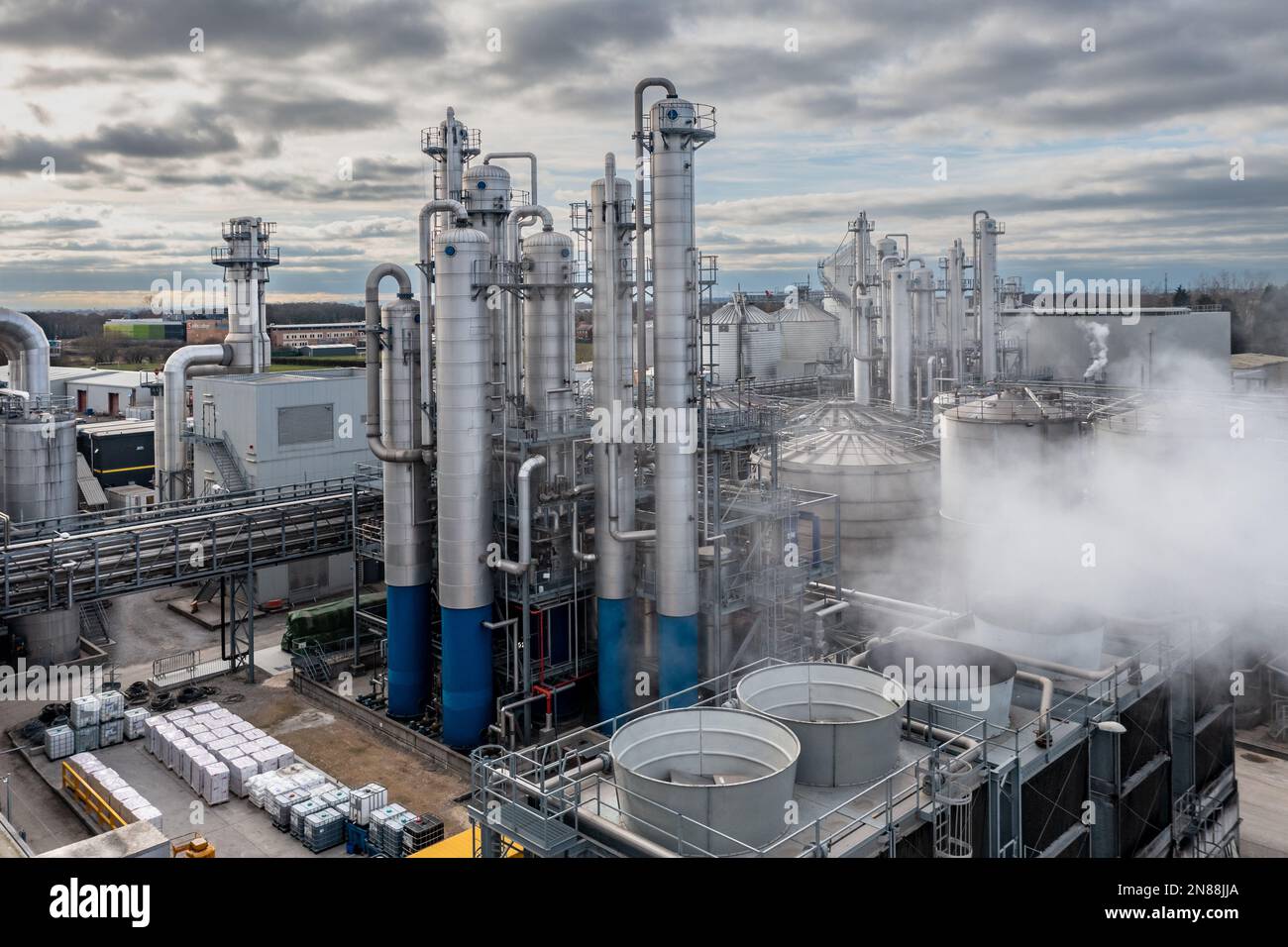 Aerial view of a food manufacturing site with heat exchangers and ...