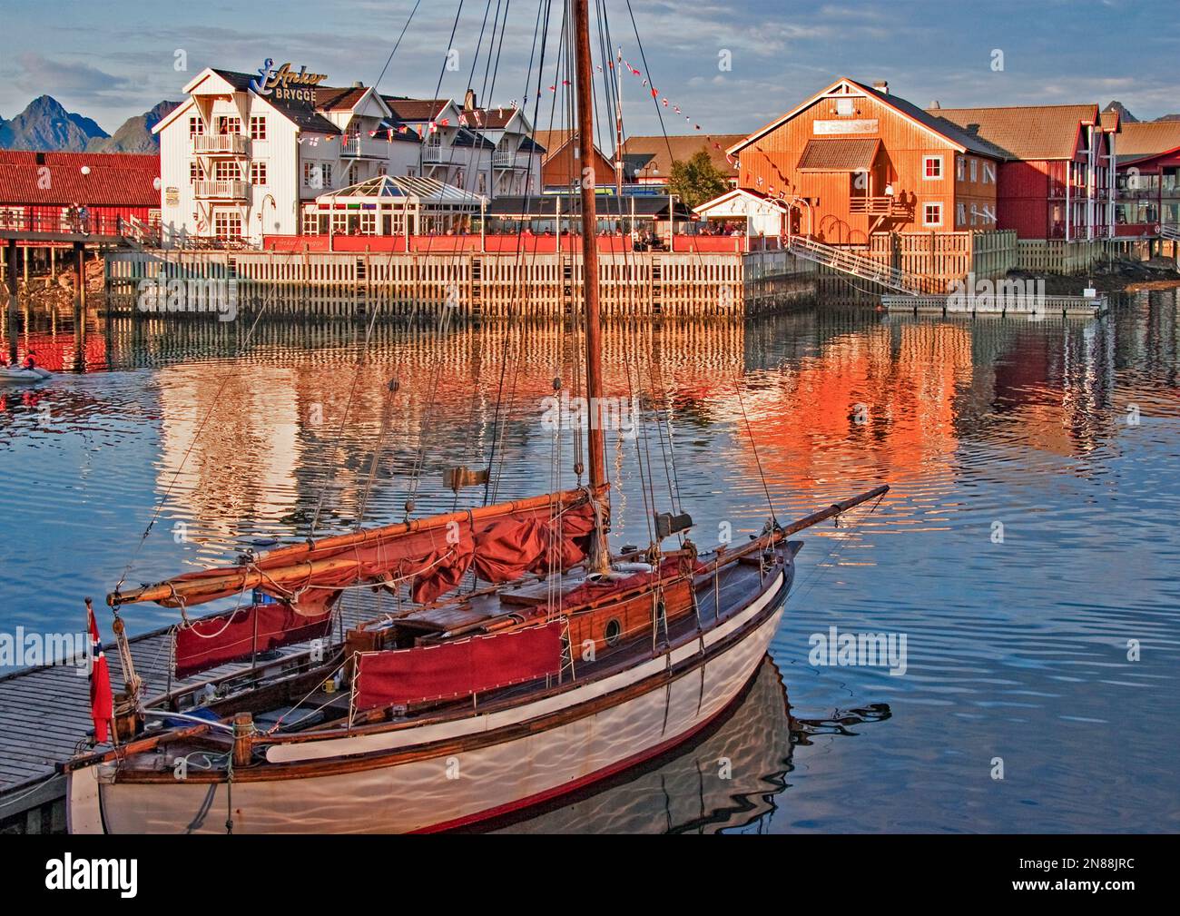 Svolvaer, Norway - July 7, 2009: sunset light at harbor and pier of ...