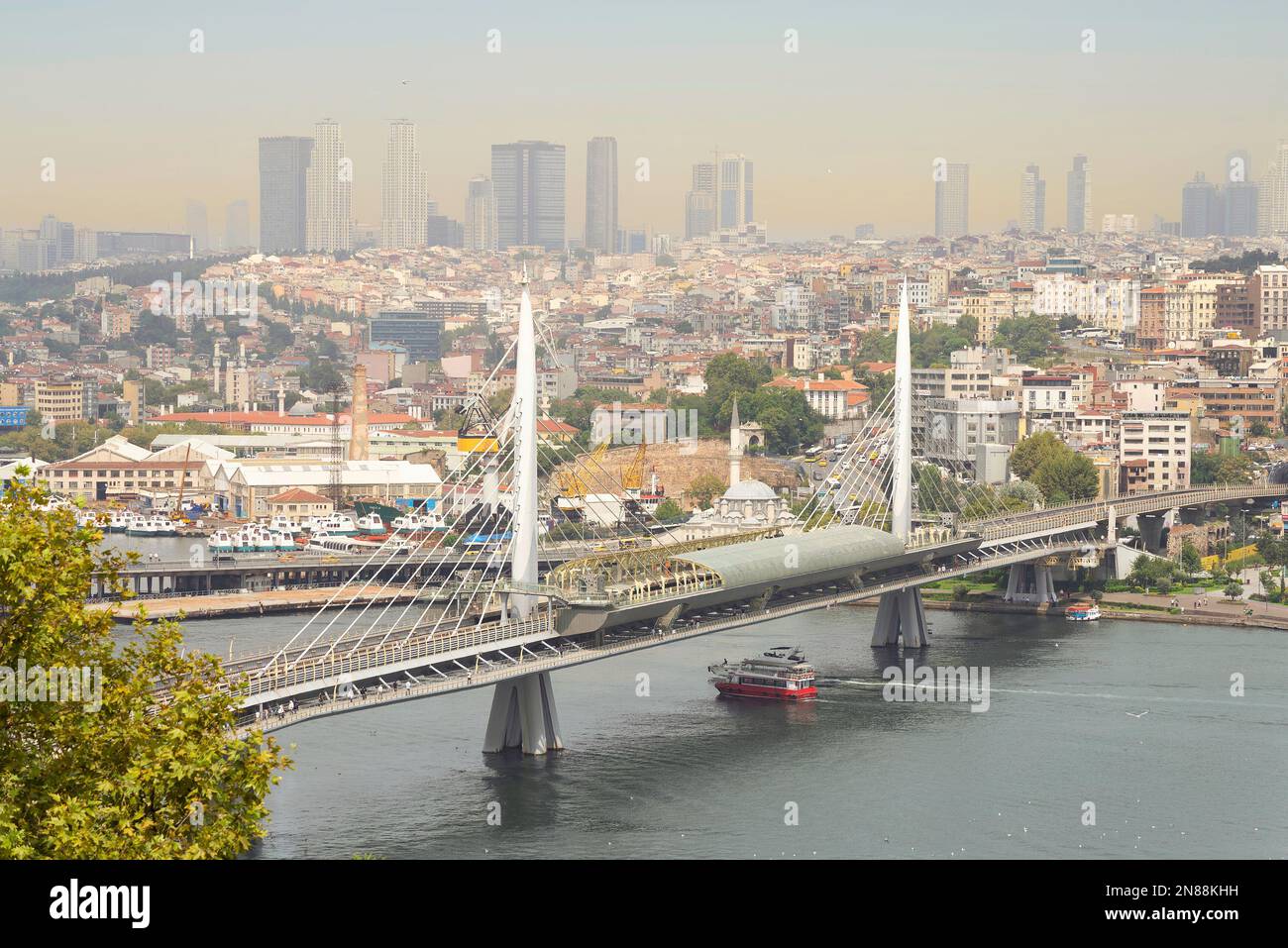 Aerial view of Golden Horn Metro Bridge, or Halic Metro Koprusu, before ...